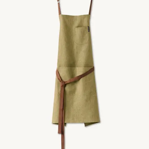 Solino Home Classic Linen Bib Apron For & With Front Pockets - Olive/brown