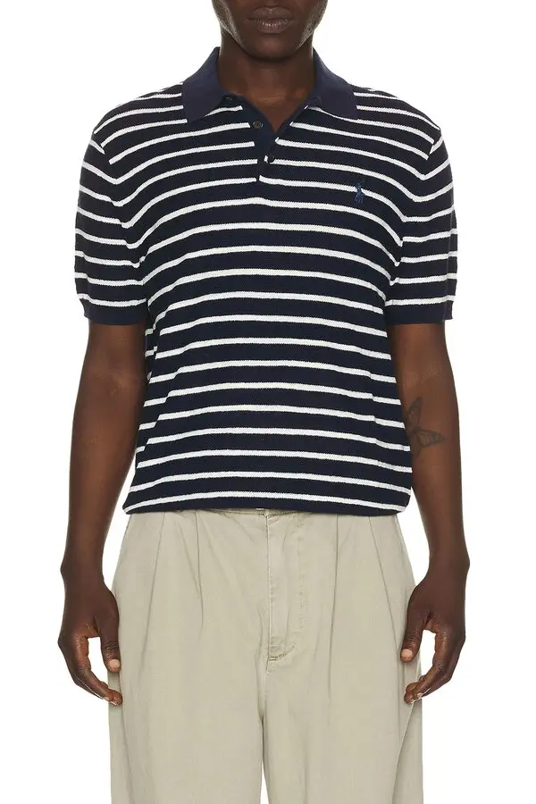 Polo Ralph Lauren Cotton Blend Textured 3 Button Placket Short Sleeve Polo Sweater In Blue