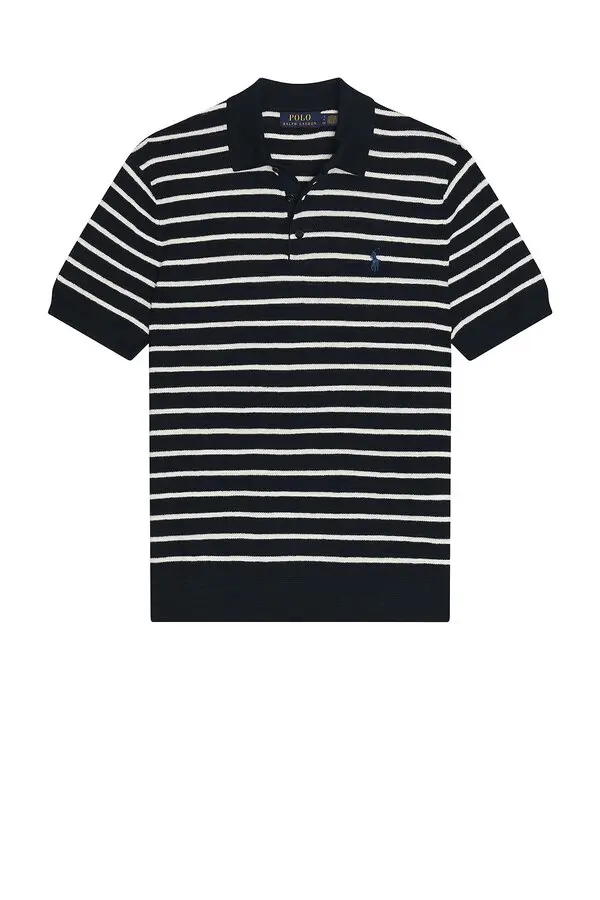 Polo Ralph Lauren Cotton Blend Textured 3 Button Placket Short Sleeve Polo Sweater In Blue
