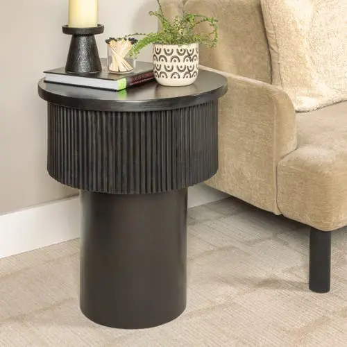 OLIVE GROVE Round Tiered Pedestal Side Table With Ribbed Details