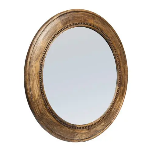 OLIVE GROVE Round Carved Framed Wall Mirror With Hobnail Detail - Brown