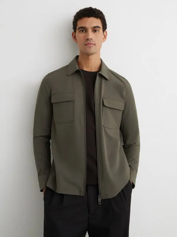 REISS Ascend Technical Zip-through Overshirt - Green
