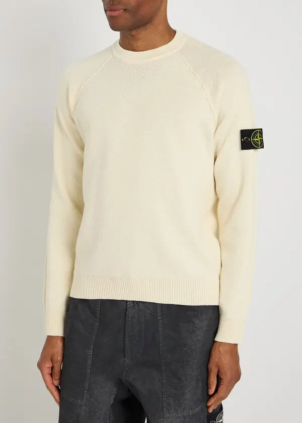Stone Island Logo Cotton-knit Jumper - Ivory