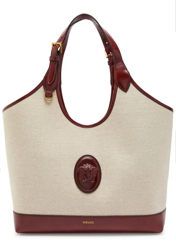 Versace Large Leather And Canvas Tote Bag - Beige