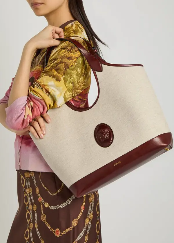 Versace Large Leather And Canvas Tote Bag - Beige