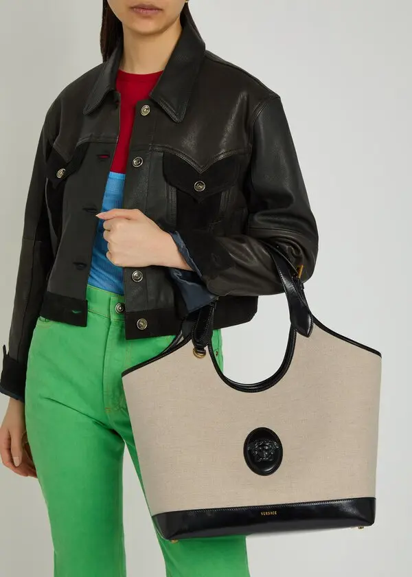 Versace Large Leather And Canvas Tote Bag - Black