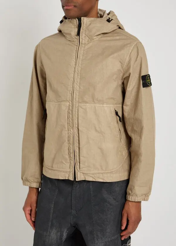 Stone Island Logo Hooded Nylon Jacket - Sand
