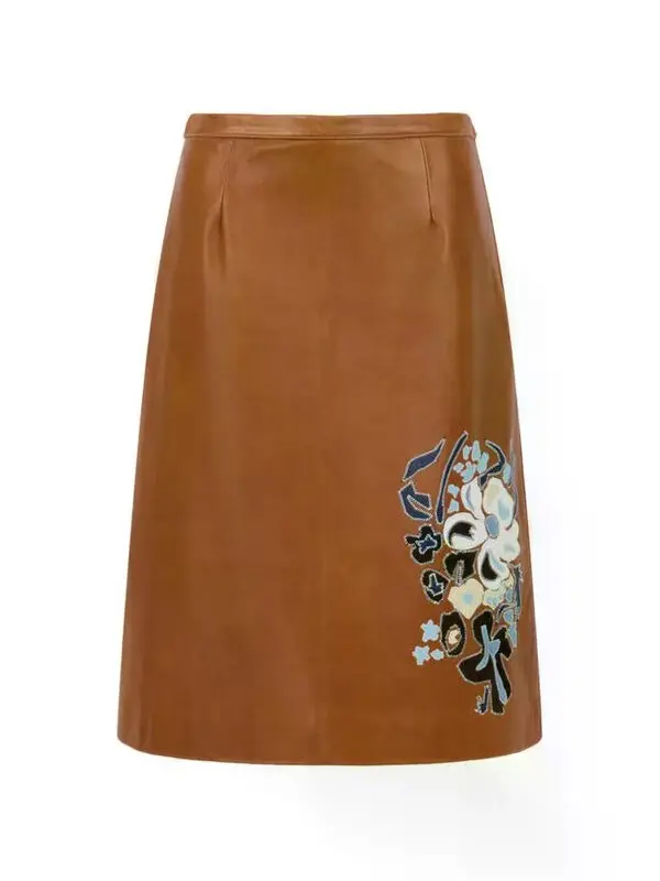 Marni Floral Intarsia Leather Skirt - Brown