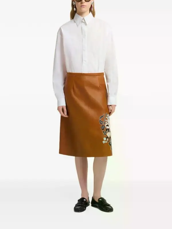 Marni Floral Intarsia Leather Skirt - Brown