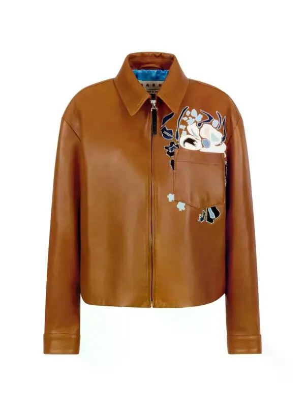 Marni Leather Overshirt With Floral Intarsia