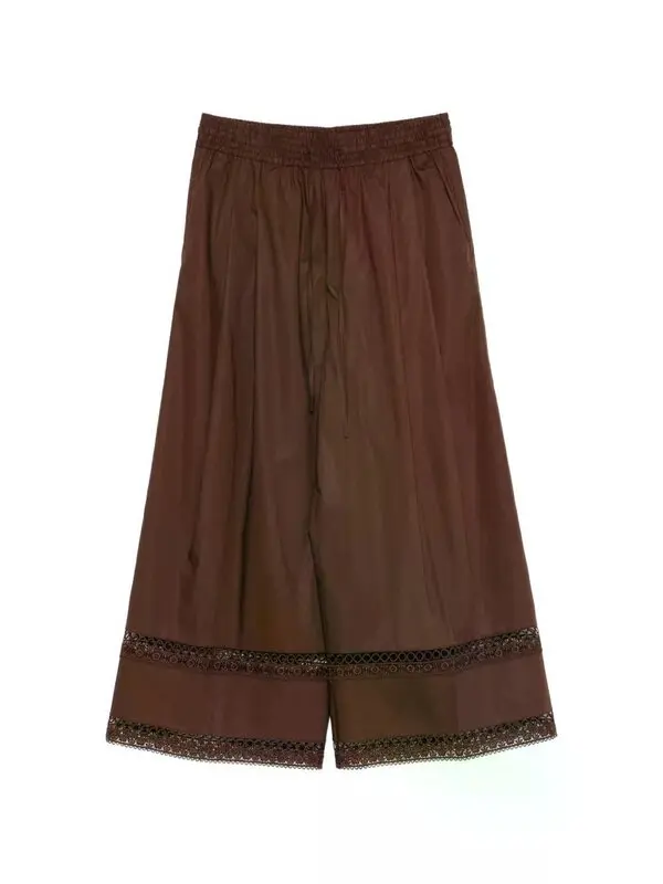 TWINSET Wide Leg Poplin Trousers With Embroidered Trim - Brown