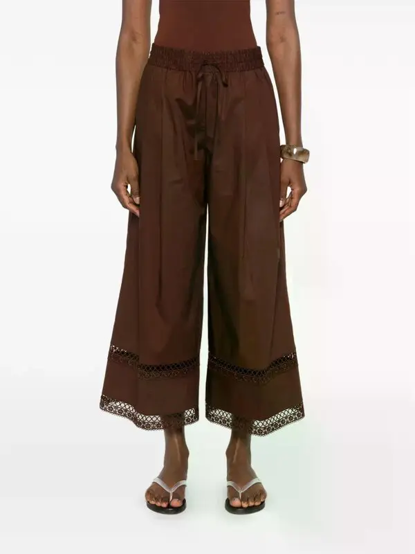 TWINSET Wide Leg Poplin Trousers With Embroidered Trim - Brown