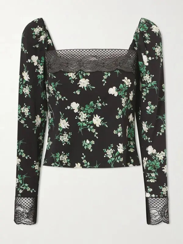 Dolce & Gabbana Floral-print Lace-trimmed Silk-blend Top - Black