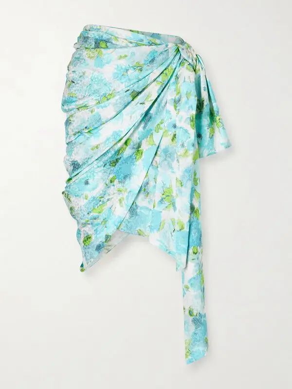 Chloé Floral-print Silk-jacquard Draped Midi Skirt - Blue