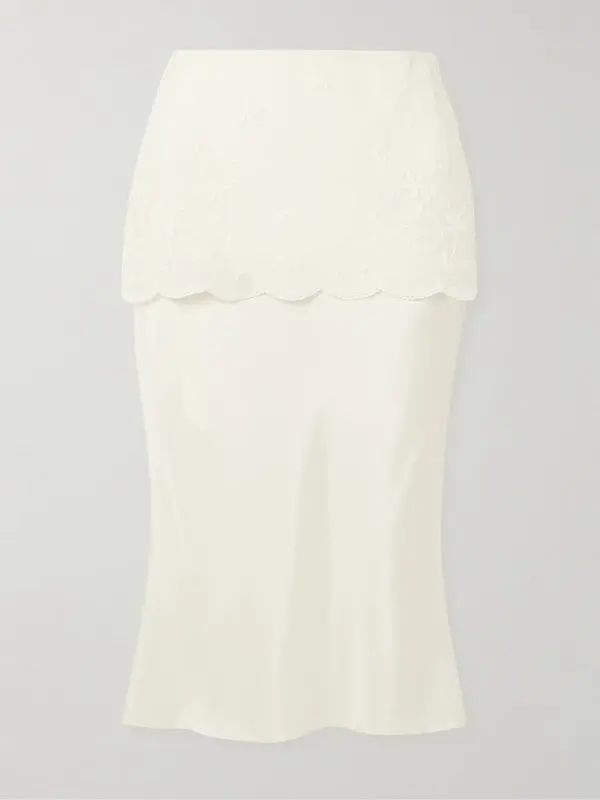 Posse Cove' Embroidered Tulle-trimmed Silk-blend Midi Skirt - Neutrals