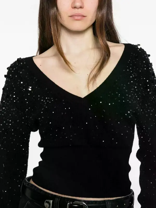 Max Mara Beaded V-neck Sweater - Black