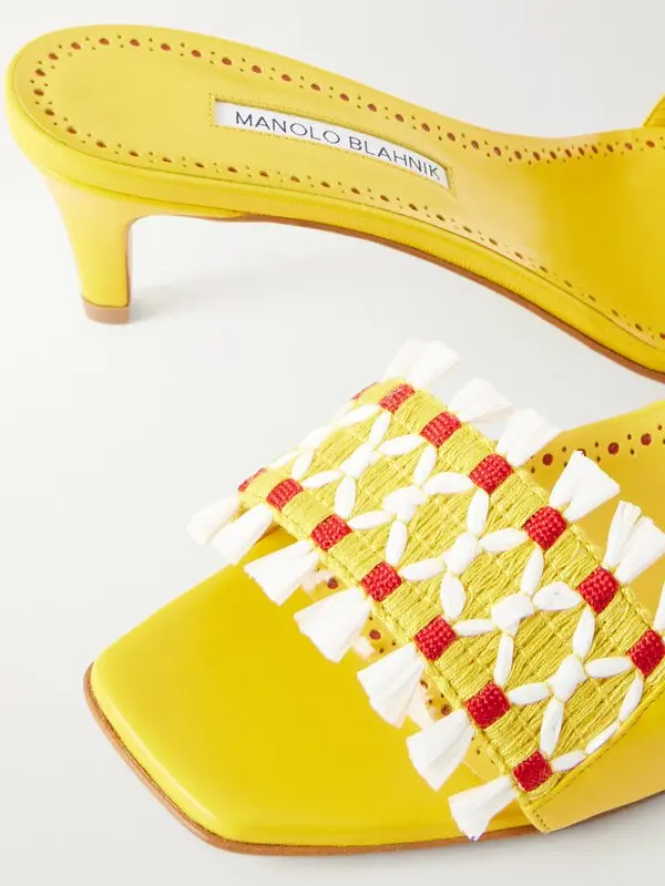 Manolo Blahnik Moremu 50 Raffia-trimmed Leather Mules