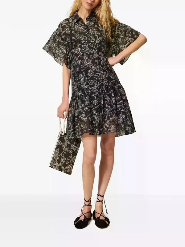 TWINSET Short Ramie Floral Shirt Dress - Black