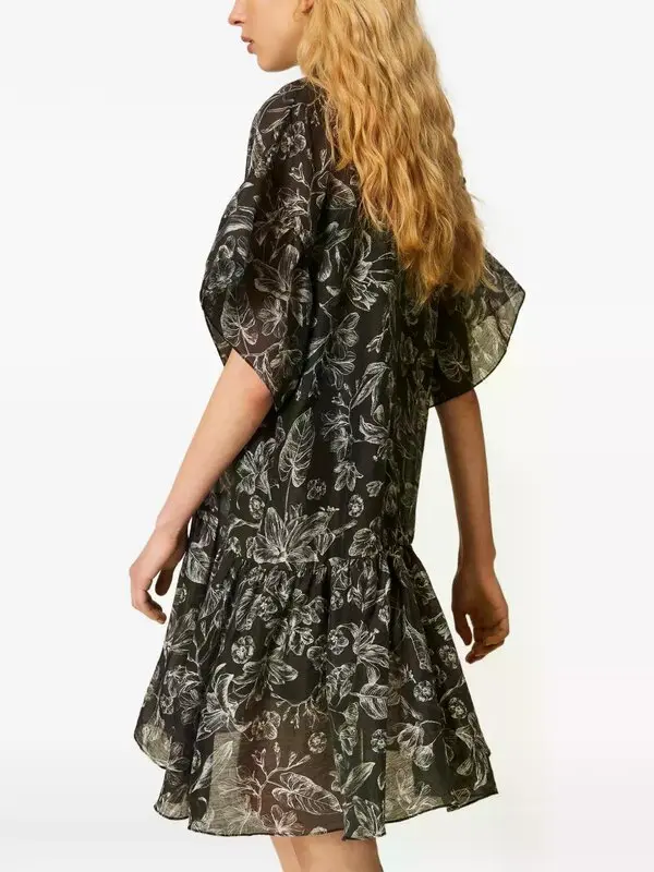 TWINSET Short Ramie Floral Shirt Dress - Black