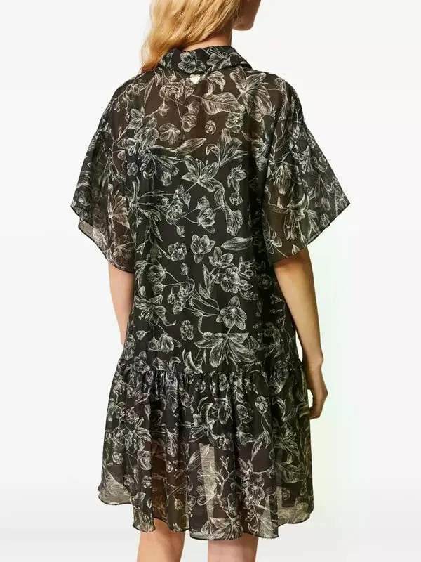 TWINSET Short Ramie Floral Shirt Dress - Black
