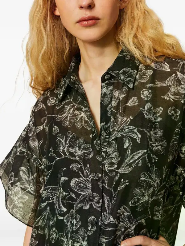 TWINSET Short Ramie Floral Shirt Dress - Black