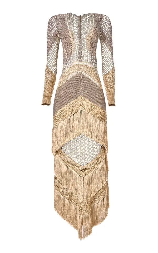 ANDREA ALMEIDA Clara Fringe Tiered Crocheted Maxi Dress
