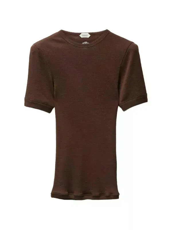 Versace Ribbed Knit T-shirt With Medusa Embroidery - Brown