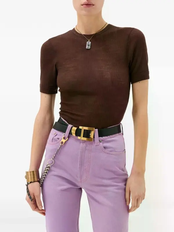 Versace Ribbed Knit T-shirt With Medusa Embroidery - Brown