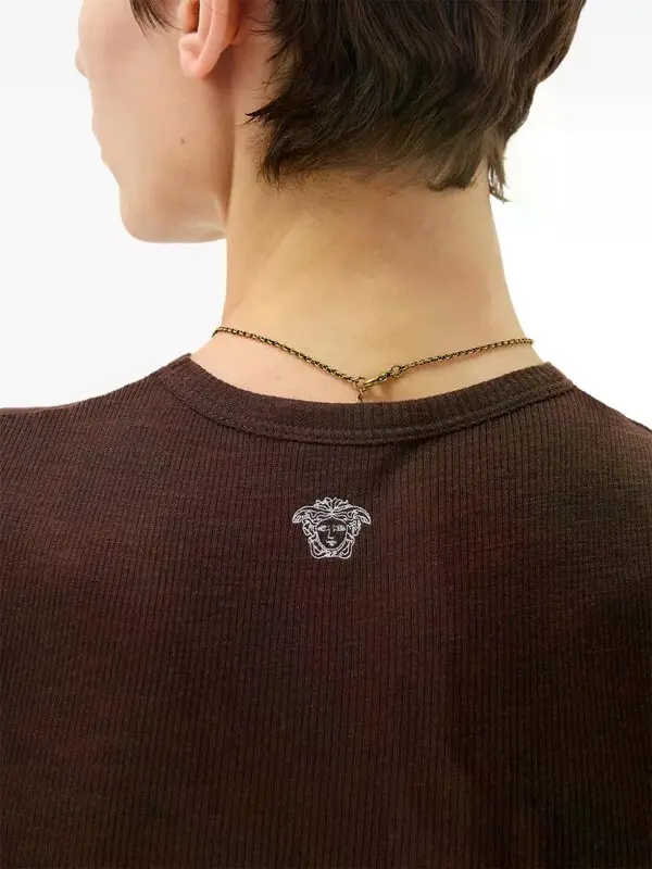 Versace Ribbed Knit T-shirt With Medusa Embroidery - Brown