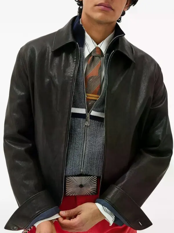Versace Nappa Leather Blouson Jacket With Medusa Zip Puller - Brown