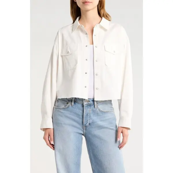 RE/DONE Camper Raw Hem Crop Snap-up Twill Shirt - Blanco