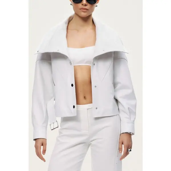 NOCTURNE High-neck Belted Leather Jacket - White