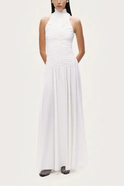 NOCTURNE Ruched High-neck Maxi Dress - White