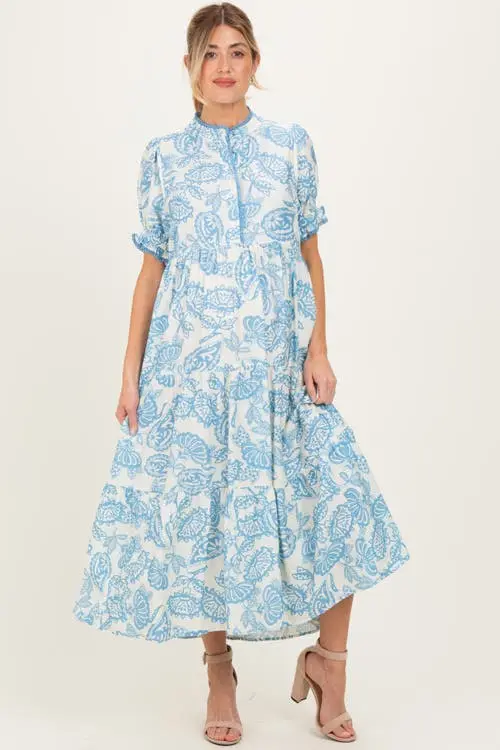 PINKBLUSH Paisley Print Tiered Maternity Midi Dress - Light Blue