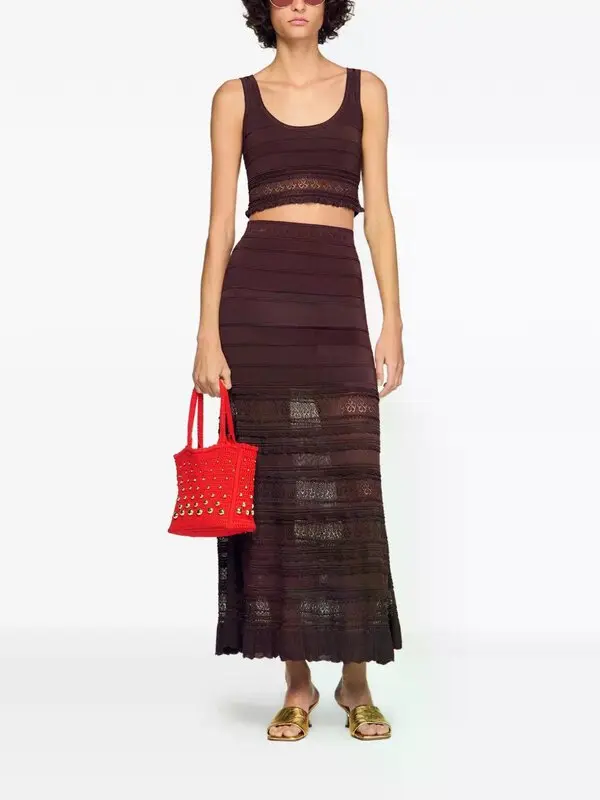 Sandro Lace Trimmed Pointelle Knit Crop Top - Brown