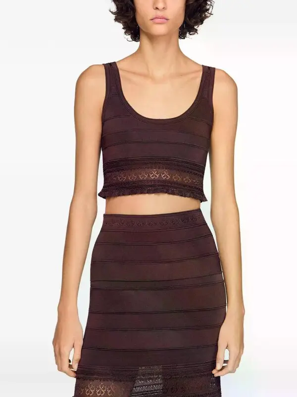 Sandro Lace Trimmed Pointelle Knit Crop Top - Brown