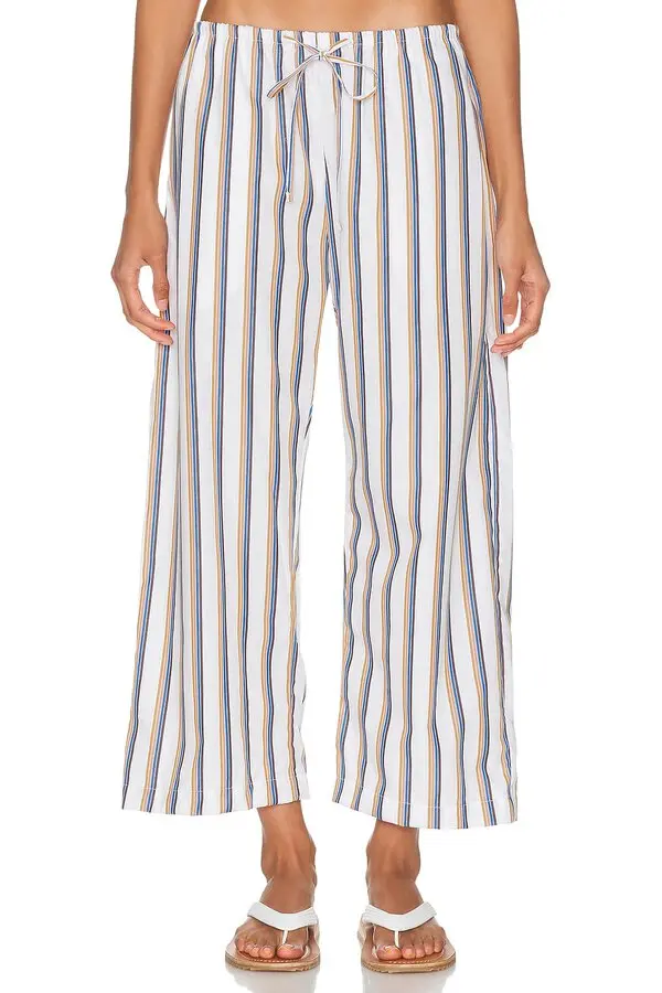 LESET Yoshi Stripe Crop Drawstring Pant - Parchment, Chocolate, & Blue Stripe