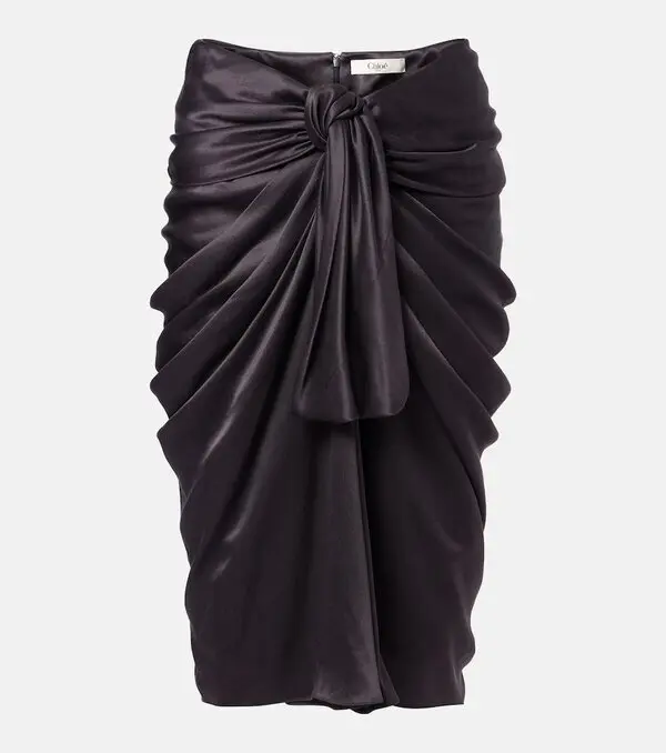 Chloé Gathered Silk Satin Midi Skirt