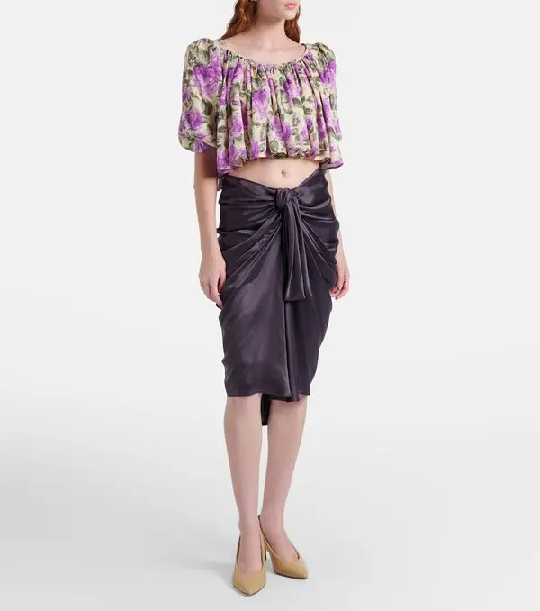 Chloé Gathered Silk Satin Midi Skirt