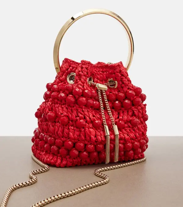 JIMMY CHOO Bon Bon Small Beaded Raffia Bucket Bag