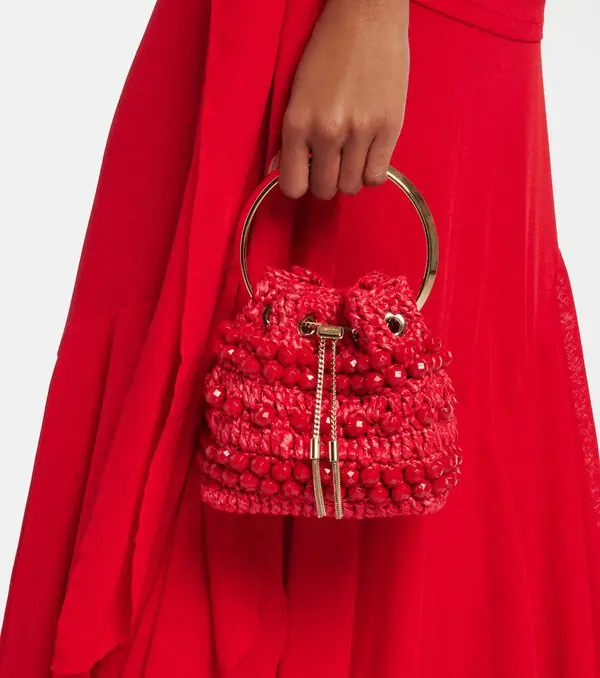 JIMMY CHOO Bon Bon Small Beaded Raffia Bucket Bag