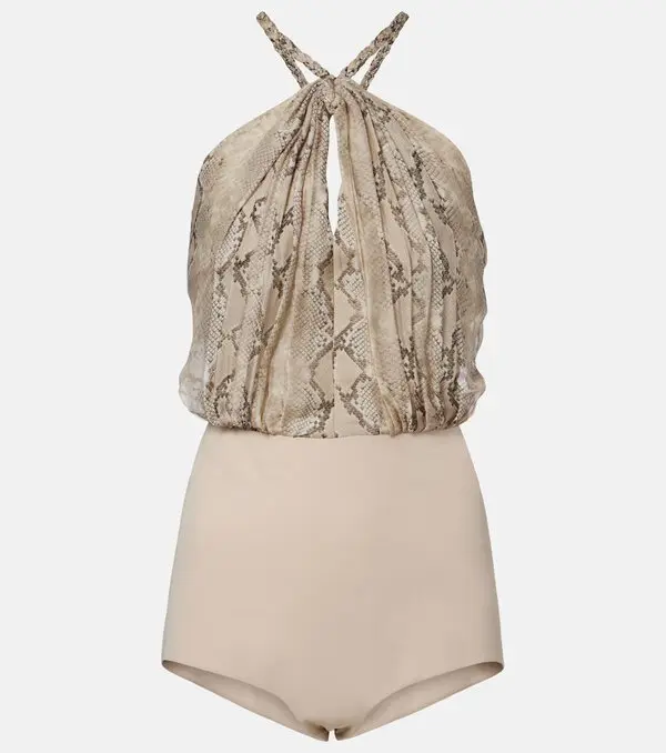 Elie Saab Snake-print Silk Chiffon Halterneck Maxi Dress - Beige