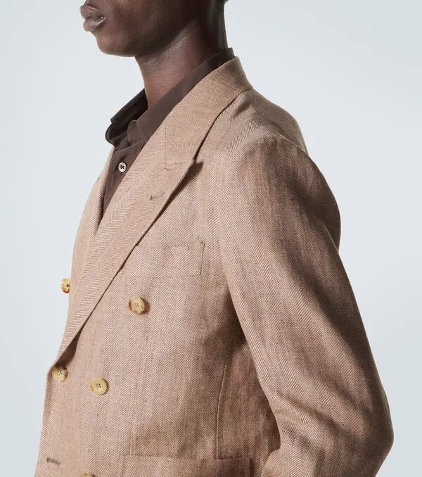 Rubinacci Herringbone Linen And Wool Blazer - Beige