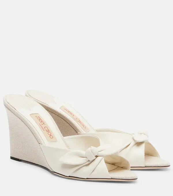 JIMMY CHOO Livi Leather-trimmed Canvas Wedge Mules - White