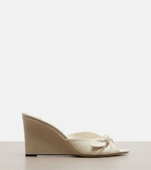 JIMMY CHOO Livi Leather-trimmed Canvas Wedge Mules - White