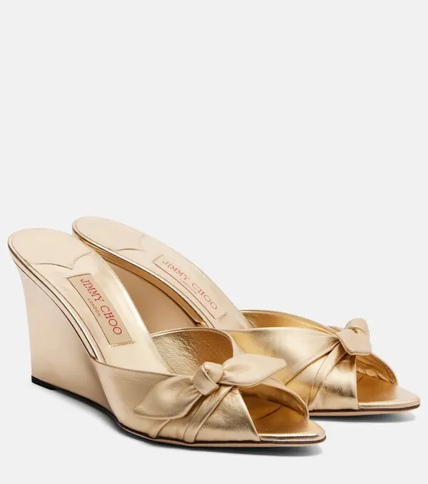 JIMMY CHOO Livi Leather Wedge Mules - Gold