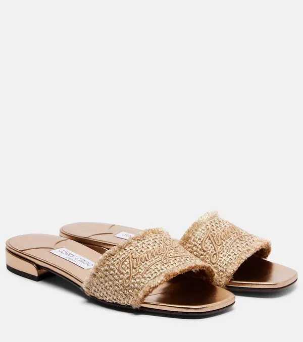 JIMMY CHOO Joa Embroidered Woven Slides - Gold