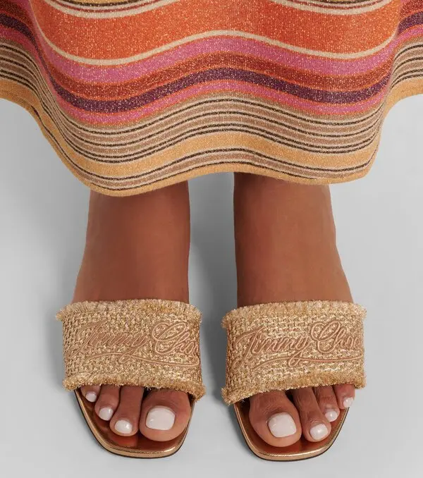 JIMMY CHOO Joa Embroidered Woven Slides - Gold