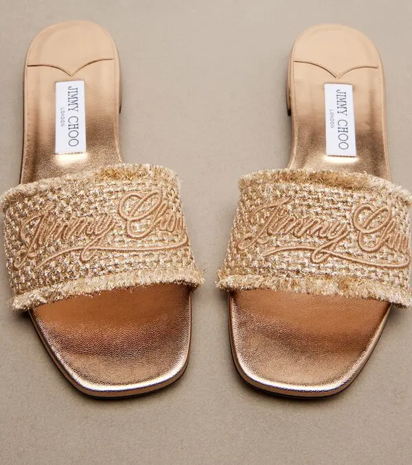 JIMMY CHOO Joa Embroidered Woven Slides - Gold