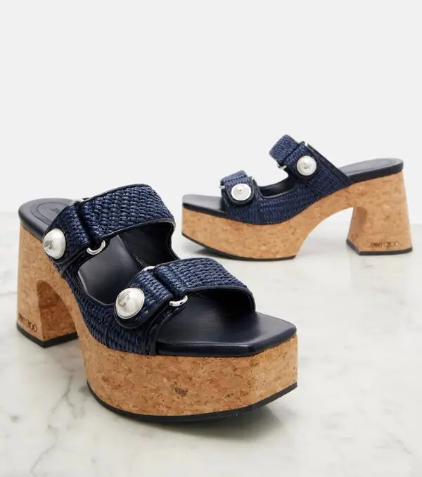 JIMMY CHOO Fayence Raffia-effect Platform Sandals - Blue